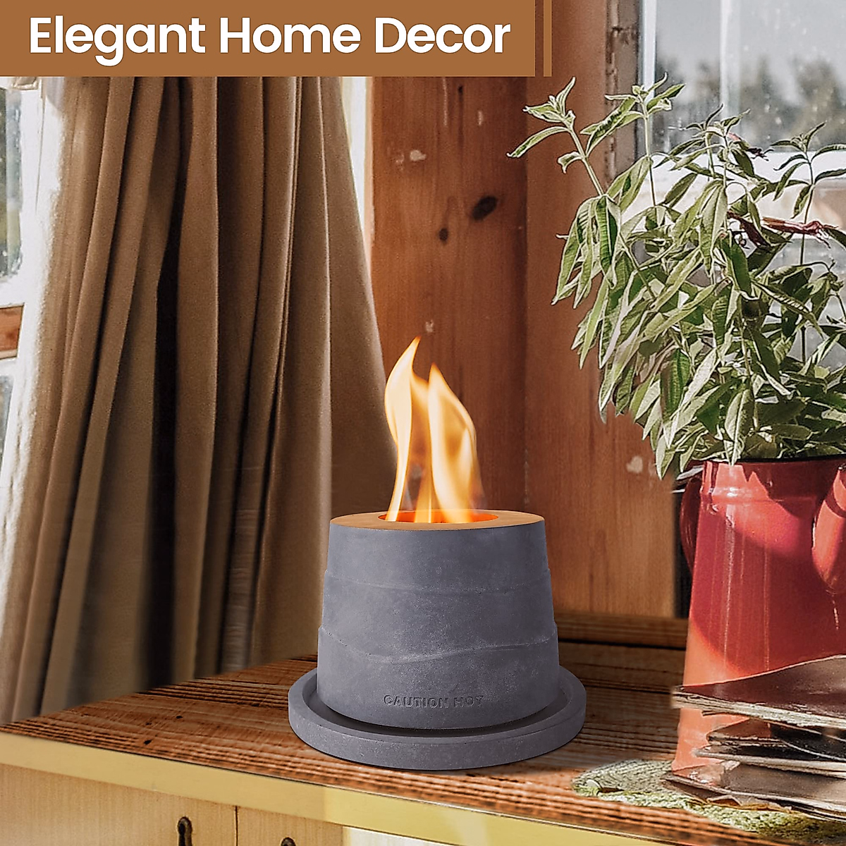 Kante 5.1 in. W Small Cake Portable Concrete Rubbing Alcohol Tabletop Fire Pit with Metal Extinguisher and 6 in. Dark Gray Base, Ethanol Fireplace, Indoor Outdoor Décor, Table Top Fire Pit Bowl Pot