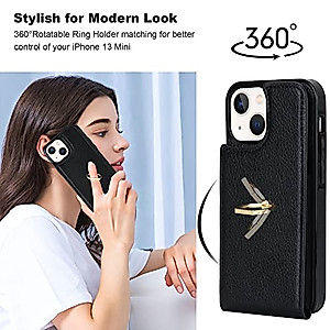 Folosu Compatible with iPhone 13 Mini Case Wallet with Card Holder, 360°Rotation Finger Ring Holder Kickstand Protective RFID Blocking PU Leather Double Buttons Flip Shockproof Cover 5.4 Inch Black