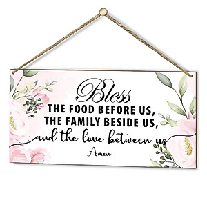 Kitchen Pink Flower Sign, Wood Wall Decoration Plaque with Rope, Home Door Decor Dining Room Shelf Wood Art Plaque for Family, Friends, Coworker, 10 x 5" Bless the Food Family Love Religion Sign -05