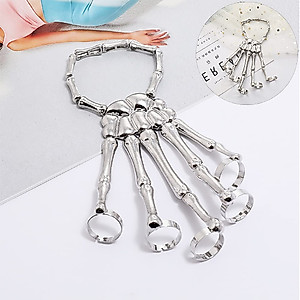 Unique Exaggerate Style Skull Finger Hand Bone Bracelet Punk Handmade Halloween Metal Skeleton Bangle Horror Halloween Goth Ghost Claw Jewelry Ornaments for Women (Antique silver)