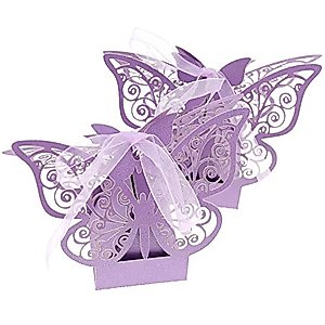 Auto-plaza 50 Pieces Butterfly Laser Cut Favor Boxes DIY Wedding Birthday Gift Candy Boxes with Ribbons (Purple)