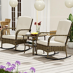 BALDPER 3 Pieces Patio Conversation Set, Outdoor Rocking Chairs, Wicker Bistro Set, Outdoor Furniture Set with Porch Chairs and Coffee Table for Deck Garden Poolside, Beige