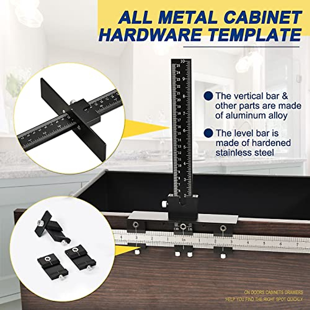 Cabinet Hardware Jig All Metal, with Φ5mm & Φ4mm Drilling Hole, Aluminum Alloy Cabinet Hole Drilling Template for Knob/Handle/Pull. Extra 2 Drill Bits & 1 Set of Fittings, Inch & Metric(2 Scale)