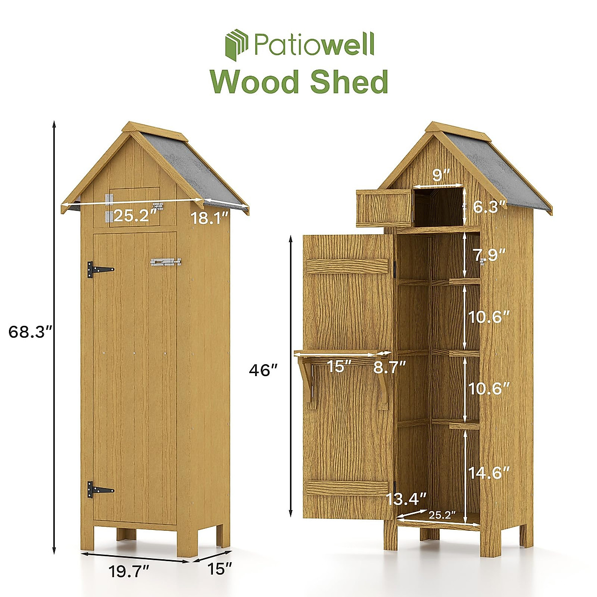 Patiowell Outdoor Storage Cabinet, Wooden Garden Shed with Waterproof Roof and Lockable Doors, Outside Vertical Tall Tool Shed for Graden Yard, Natural Wood