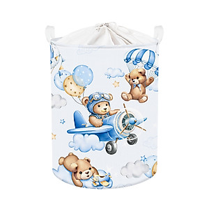 Clastyle 45L Large Blue Bear Pilot Kid Boy Girl Laundry Hamper with Handle Collapsible Balloon Clothes Toy Storage Basket with Lid for Nursery