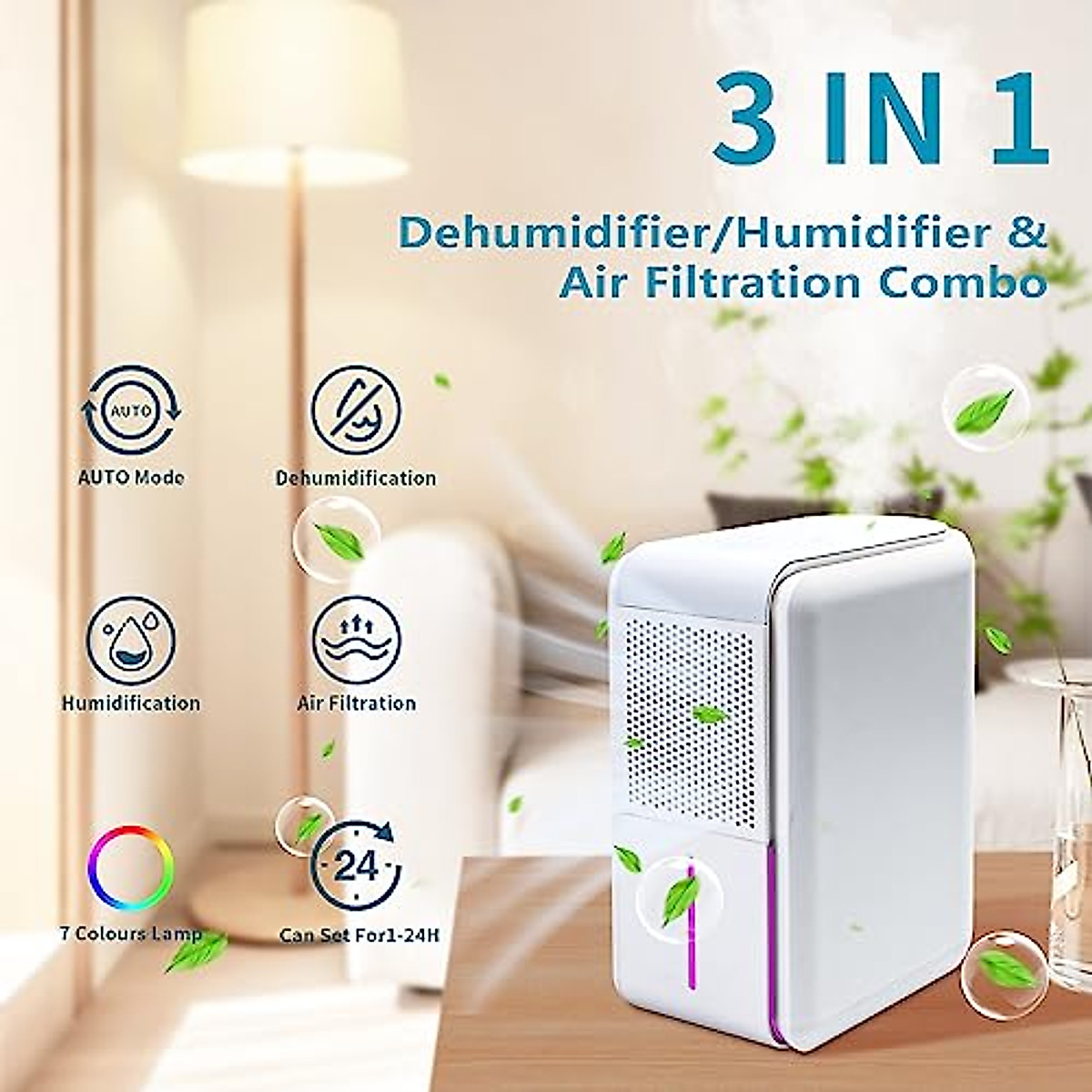 Hoomace 3 In 1 Small Humidifier Dehumidifier Combo With Air Filtration, Humidifiers Dehumidifier For Home Bedroom With Drain Hose Temperature Display,4 Modes,7 Color LED Lights,Timer Set