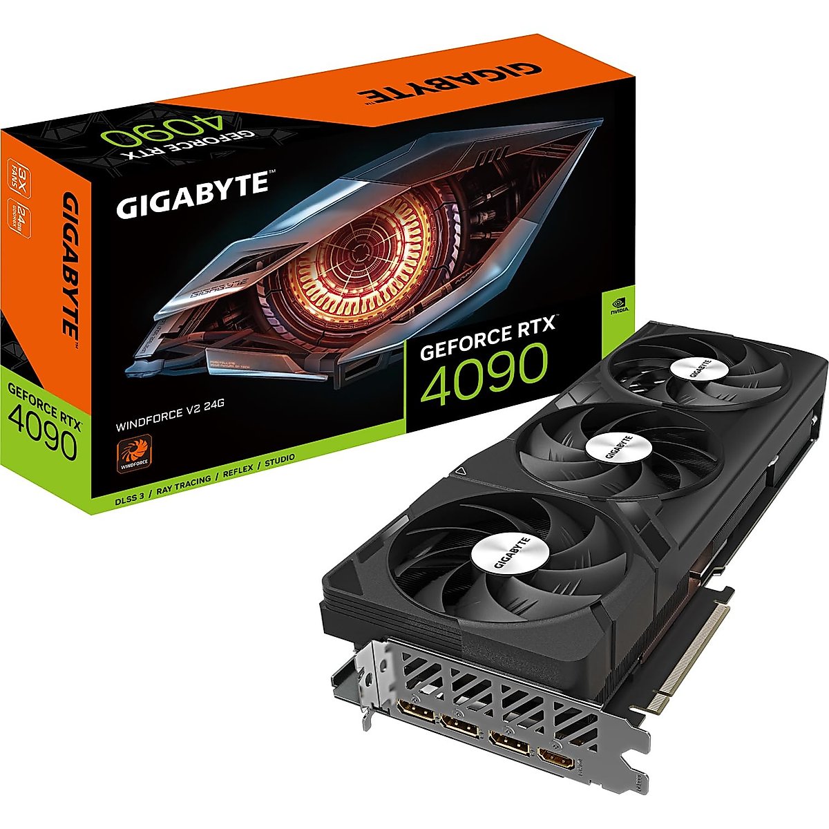 Gigabyte GeForce RTX 4090 WINDFORCE V2 24GB Graphics Card - 24GB DDR6X, PCI-E 4.0, Core 2520Mhz, 3 fan Windforce cooling system, Anti-sag bracket, DP 1.4, HDMI 2.1a, NVIDIA DLSS 3, GV-N4090WF3V2-24GD