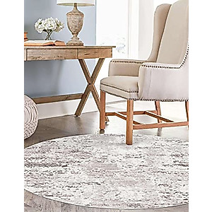 Unique Loom Eos Collection Area Rug - Borealis (7' Round, Stone Gray/Ivory)
