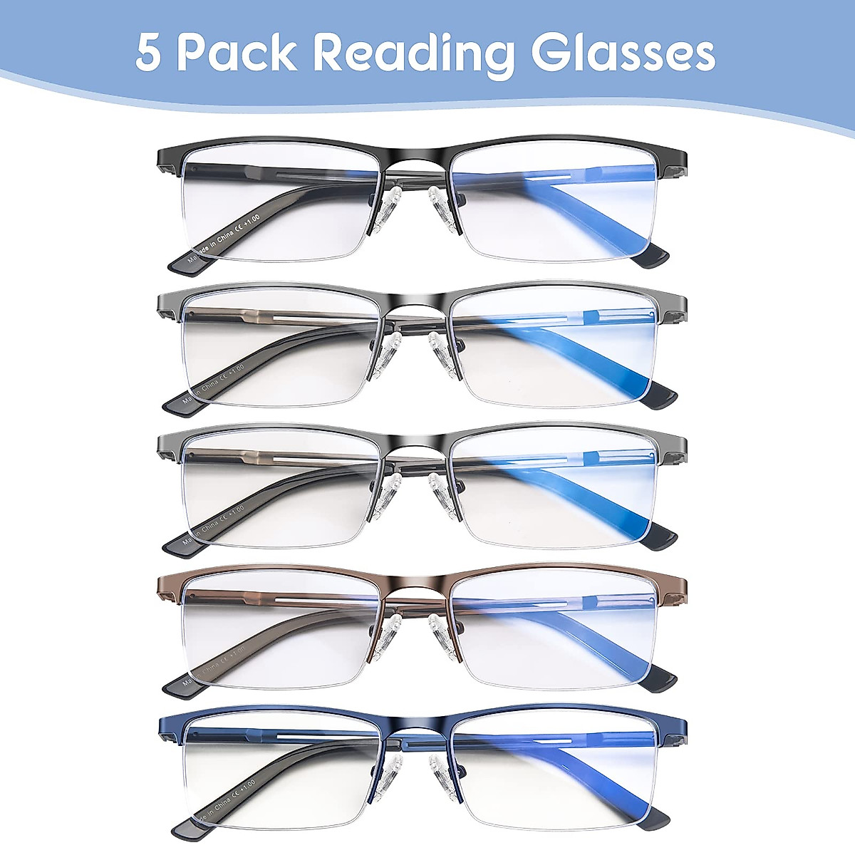 KONHAGO Blue Light Blocking Reading Glasses for Men, Half Frame Metal Readers Spring Hinge Eyeglasses Anti Eyestrain/Glare/UV