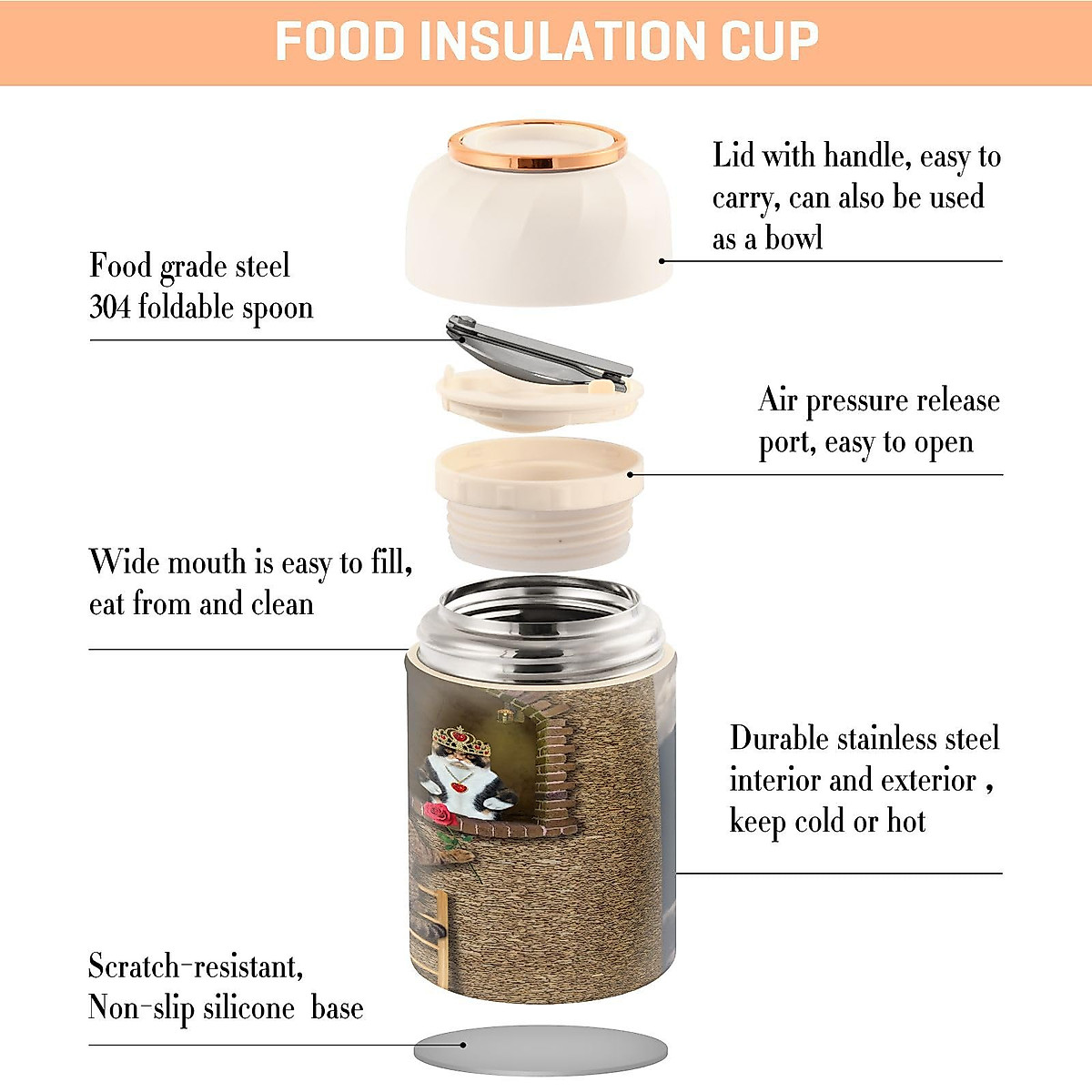 CUPADA Creative Cat Lovers Food Jar, Rose Dating Insulated Hot Food Jars Vacuum 17OZ with Folding Spoon for Work Trip Picnic Camping