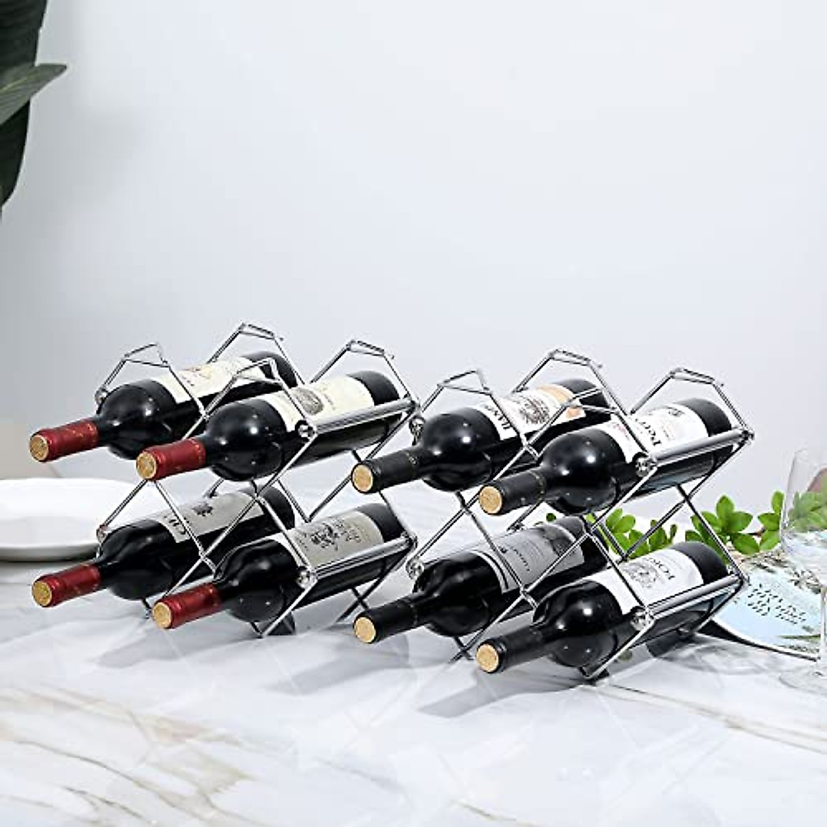 MyGift Modern Silver Wire Metal Stackable Wine Rack Diamond Shaped Stand, Countertop Wine Bottle Holder, Each Rack Holds 10 Bottles, Set of 2