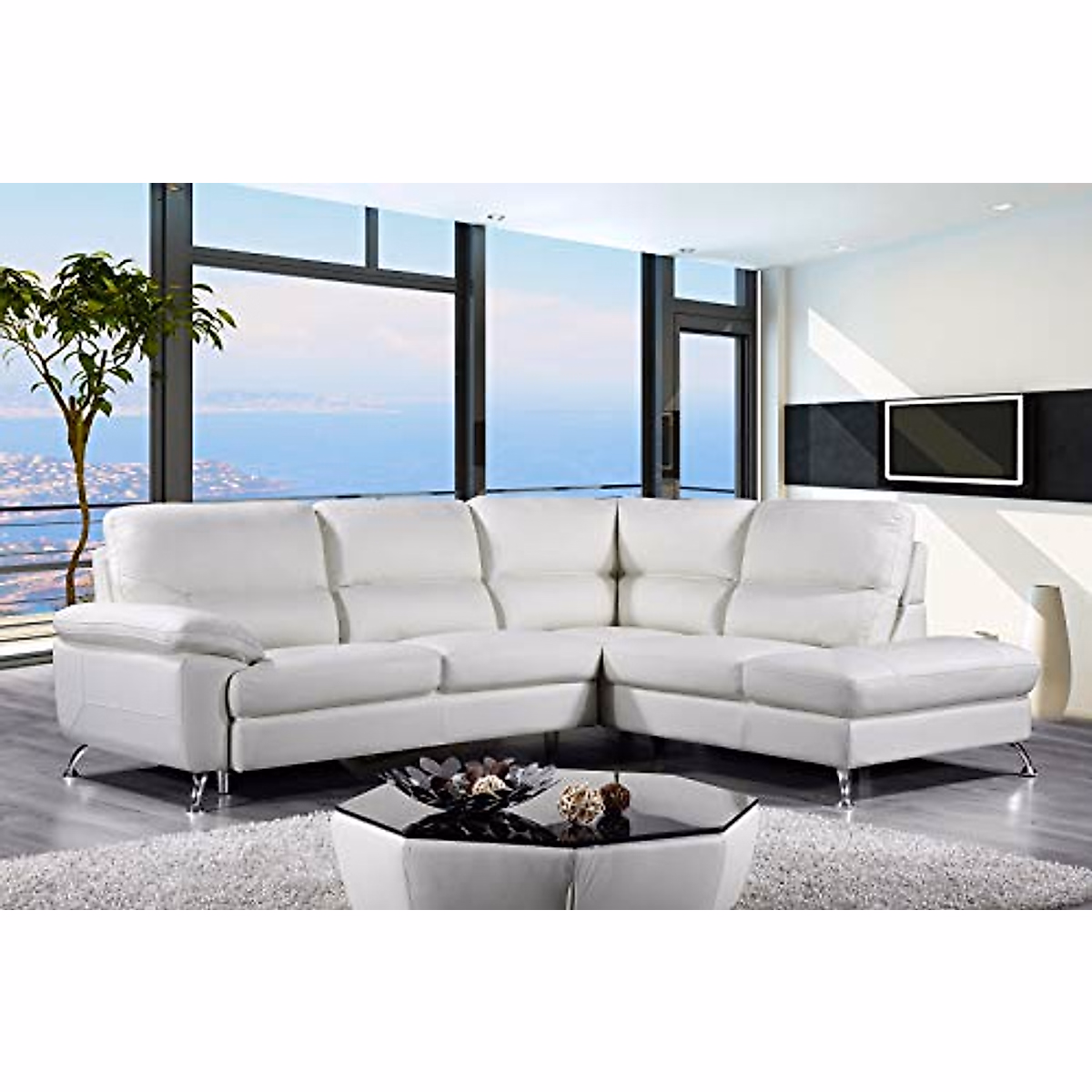 Cortesi Home Contemporary Miami Genuine Leather Sectional Sofa with Right Chaise Lounge, Cream