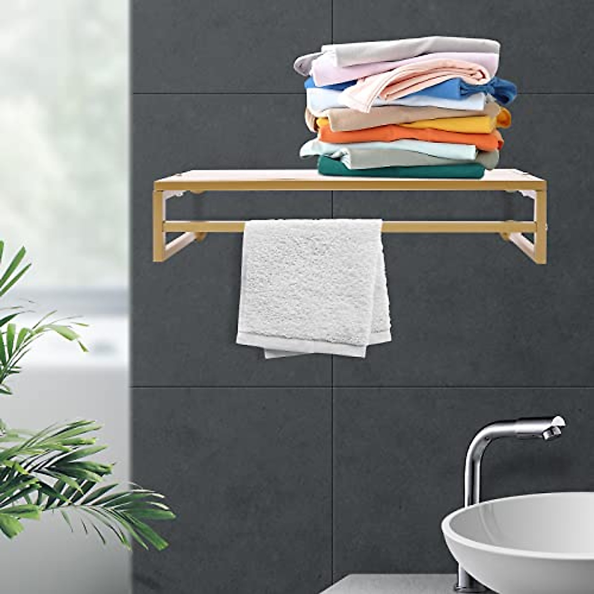 Gdrasuya10 Wall Mounted Clothes Rack with Top Shelf, Gold Garment Rack Display Rack Metal Cloths Rack Space-Saving Clothing Storage Rack for Commercial Home, 31.49 x 10.23 x 6.69 In