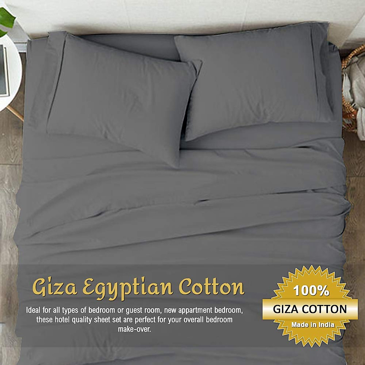 100% Long Staple Giza Cotton Bed Sheet Set Full Size – 400 Thread Count, 4-Piece Dark Grey Full Bedding, Sateen Weave, Luxury Hotel Quality, 16" Deep Pocket (Fits Up to 16" Mattress)