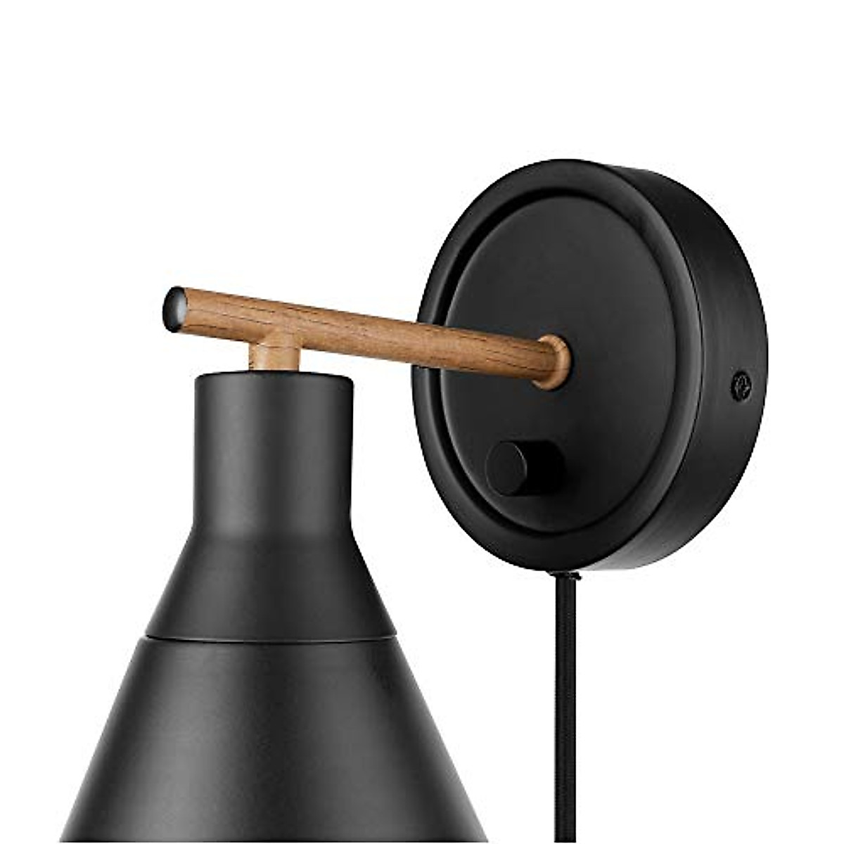 Globe Electric 51725 1-Light Dimmable Plug-in or Hardwire Wall Sconce, Matte Black, Faux Walnut Accent, Stepless Dimming Rotary Switch on Canopy, Black Fabric Cord, Wall Lights for Bedroom Plug in