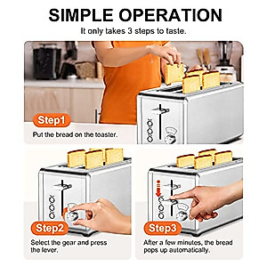 WHALL Long Slot Toaster 4 Slice Brushed Stainless Steel Toaster, 7 Toast Settings with Bagel/Cancel/Defrost Functions, Toaster Warming Rack&Removable Tray for Various Bread Types 1400W,Silver