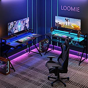 Loomie Computer Desk 55" W with LED Strip and Power Outlets, Gaming Desk with RGB Big Mouse Mat,Ergonomic K Shaped Gamer Desk with Monitor Stand and with Cable Management Mesh Bag,Black