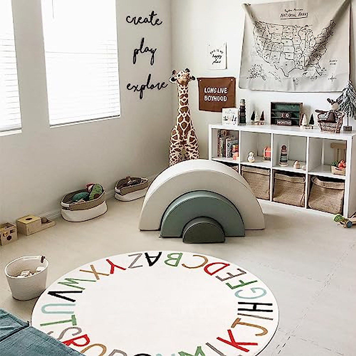 Topotdor Rainbow Round Kids Play Rug,Upside Down Alphabet Nursery Rug Extra Large Soft Crawling Play Mat for Children Toddlers Bedroom (47 inch, Multi Color)