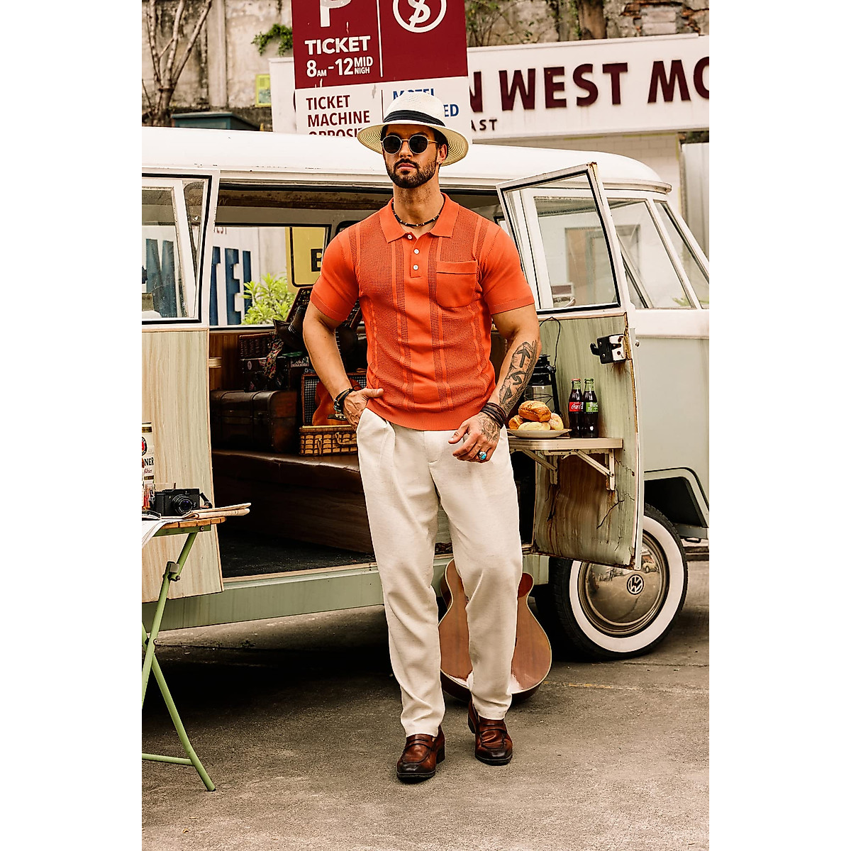 GRACE KARIN Men's Textured Knitted Bowling Polo Shirt Classic Short Sleeve Golf Shirts for Summer Orange L