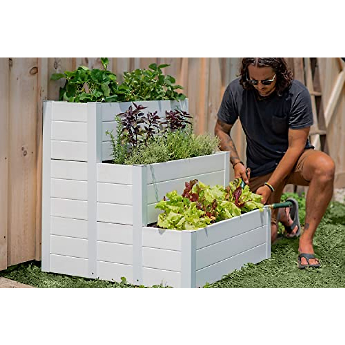 Vita Classic 33 inch x 33 inch Tiered Cascading Keyhole Garden with Composting Basket, White Vinyl, PVC, BPA and Pthalate Free, VT17109