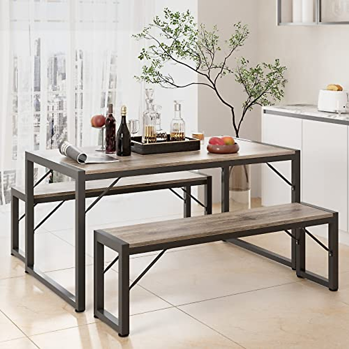 Gizoon 45.5" Dining Table Set for 4, Kitchen Dining Table with 2 Benches, Dining Room Table Set with Metal Frame & MDF Board, Space-Saving Dinette for Kitchen, Dining Room -Grey