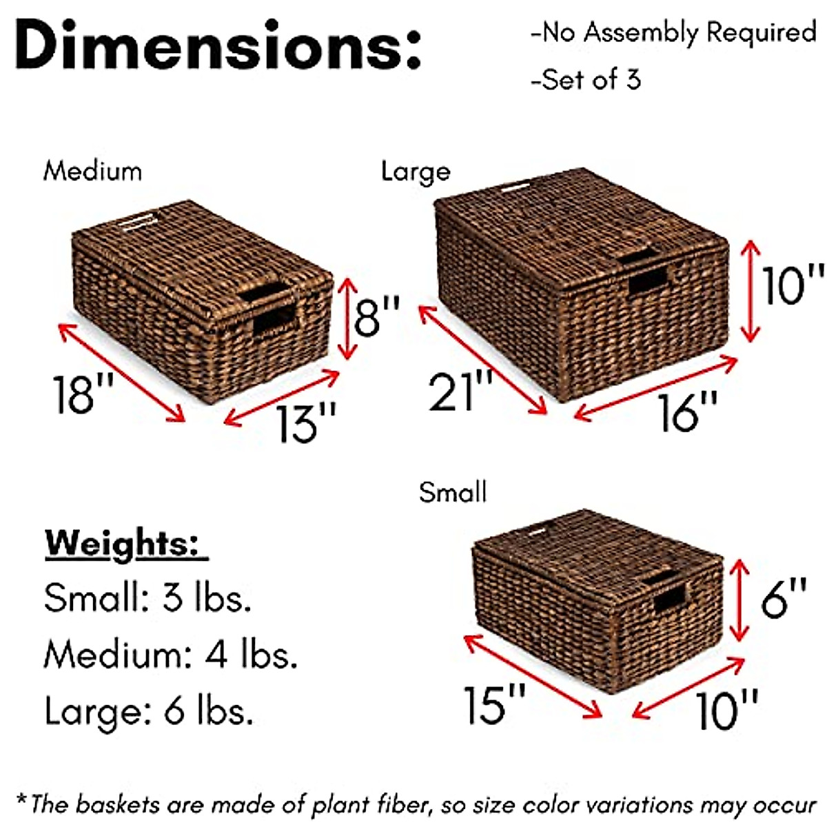 BIRDROCK HOME Seagrass Floor Baskets with Lids - Set of 3 - Brown Wash - Hand Woven Container for Blankets Pillows - Sturdy Metal Frame - Organization - Storage