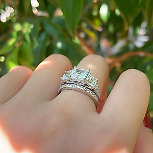 SHELOVES Three-Stone Princess Cut AAAAA Cz Wedding Ring Set Rings Enhancers 925 Sterling Silver Sz 7