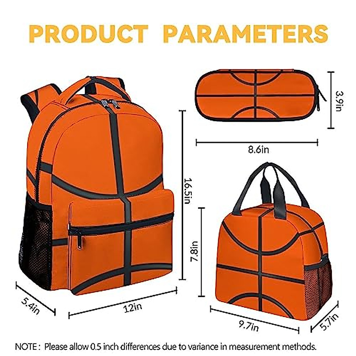 XaocNyx Basketball Backpack with Lunch Box and Pencil Case Set, 3 in 1 Matching Boys Orange Backpacks Combo, Cool Bookbag and Pencil Case Bundle