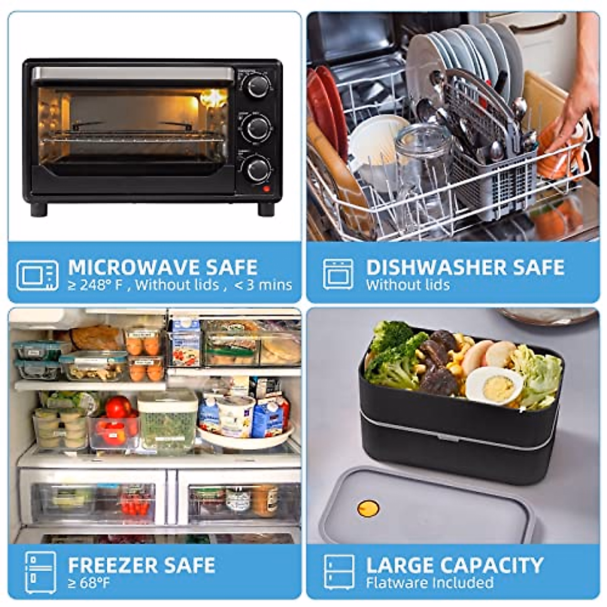 Cartoon Blue Sea Wave Adult Lunch Box, Bento Box, With Cutlery Set Of 3, 2 Compartments, Rectangular, Lunch Box For Adults