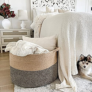 INDRESSME Extra Large Woven Baskets for Storage, 21.7 x 13.8 Blanket Basket Wicker Laundry Basket for Organizing Toy Pillow Shoe for Entryway &Living Room , Black Jute