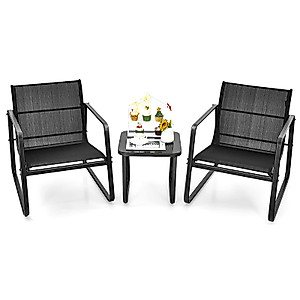 Giantex 3 Pieces Patio Bistro Set, Outdoor Dining Furniture Set with Rustproof Steel Frame, Porch Conversation Set with Glass Top Table & 2 Lawn Chairs for Garden Balcony Deck Yard, Black