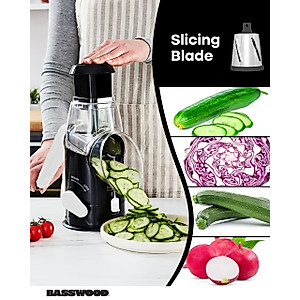 BASSWOOD Rotary Cheese Grater with Handle - Mandoline Slicer with 3 Stainless Steel Drum Blades-Vegetable Slicer Walnuts Grinder Cheese Shredder Round Mandoline with Peeler (Black)