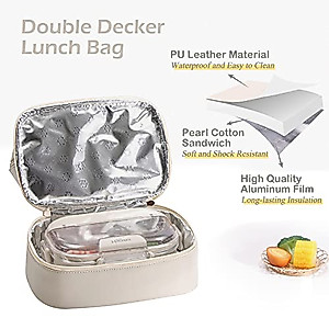 BAKLUCK Lunch Bag Women, Insulated Lunch Box Bag Compact Size with Large Capacity Lunch Tote Bag, Simple Modern Double Decker Waterproof PU Leather - Beige Lunch Bag for Work, Picnic, Travel