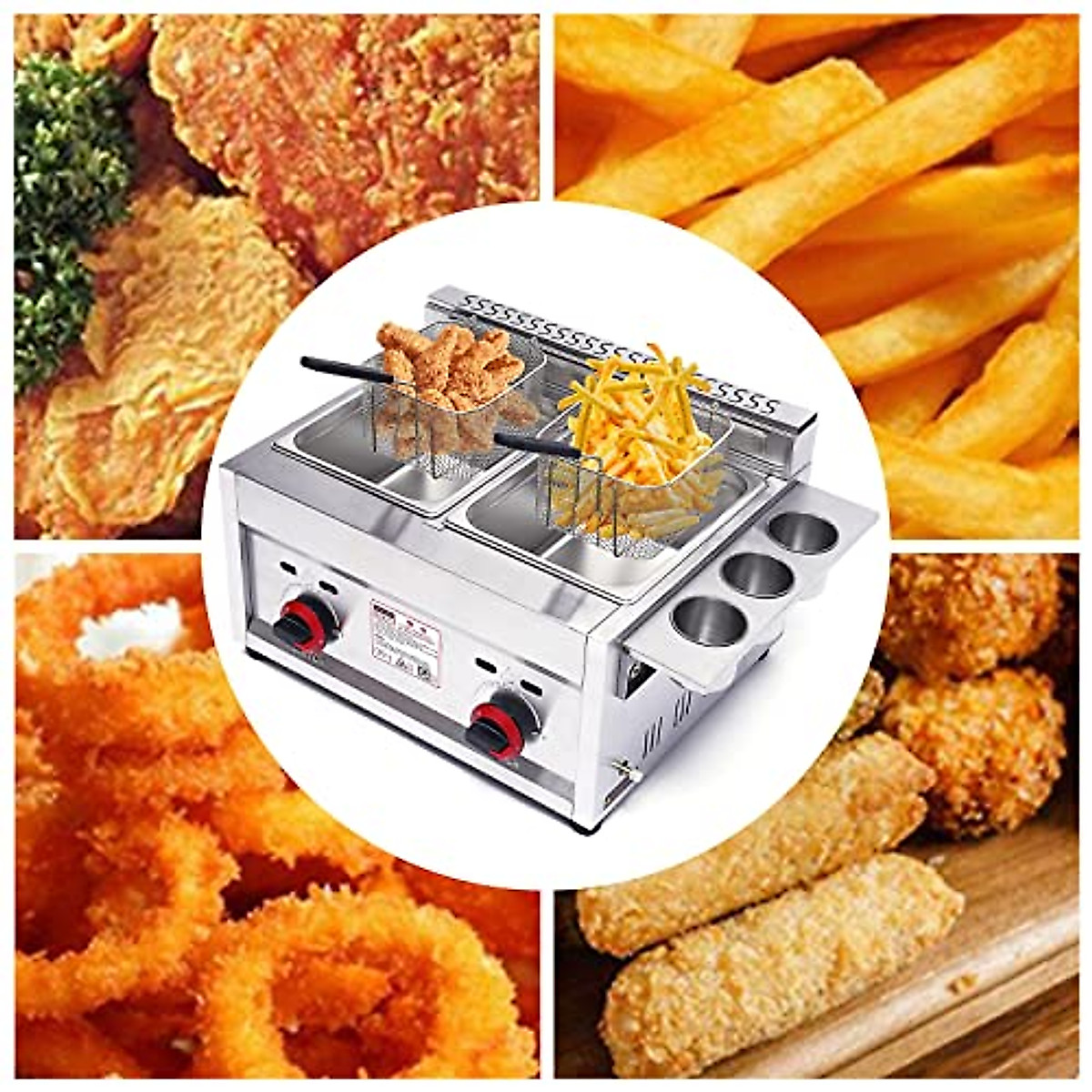 Gagalayong Commercial Countertop Gas Propane Deep Fryer，Dual Tanks Commercial LPG Gas Deep Fryer Stainless Steel with 2 Removable Baskets and Lids，Electric Countertop Fryer for Restaurant Kitchen（12L）
