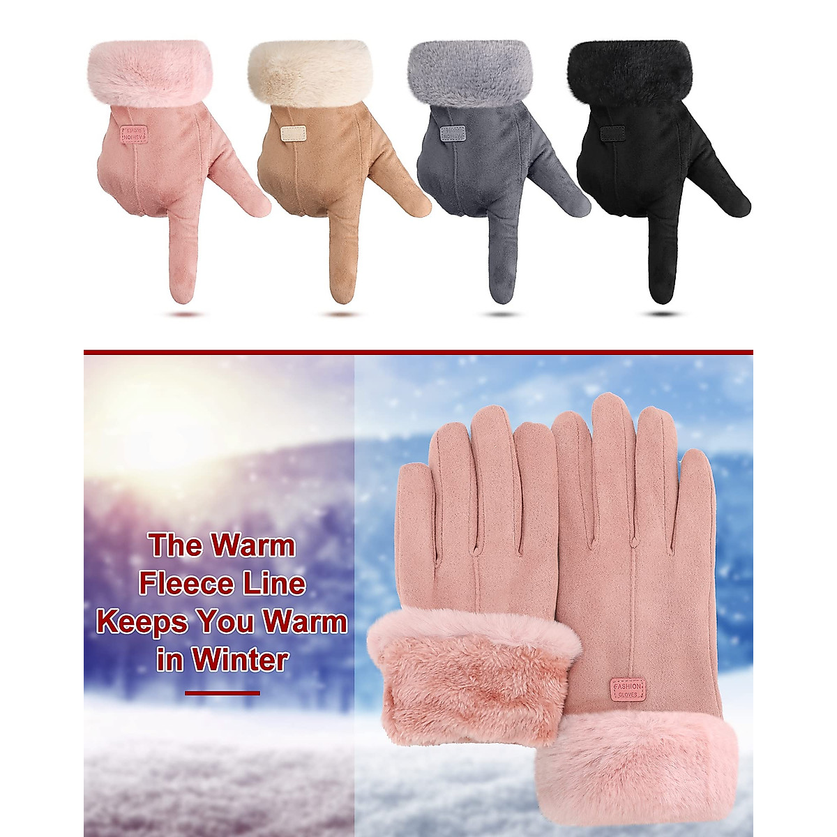Janmercy 4 Pairs Thermal Winter Gloves for Women Cold Weather Touchscreen Soft Lining Suede Gloves for Ladies Sports Driving(Pink, Camel, Gray, Black)