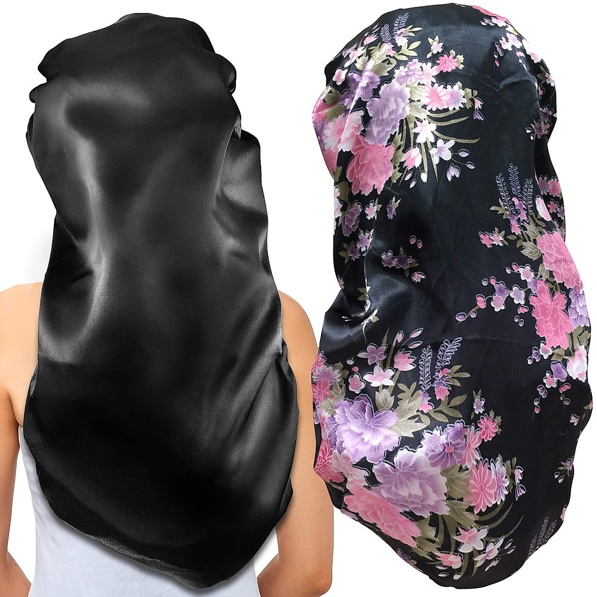 2Pcs Long Satin Bonnet Sleep Cap,Extra Large Braids Bonnets for Sleeping,Long Hair,Soft&Comfortable Elastic Band Bonnets for Women Night Sleep,Hair Bonnets for Women Satin (Black+Pink Pattern)