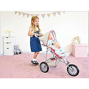 KOOKAMUNGA KIDS Baby Doll Stroller Deluxe Double | Foldable Twin Jog Pram | Retractable Canopy | Premium Pink & Gray Fabric | Soft Grip Handle | Storage Basket Underneath