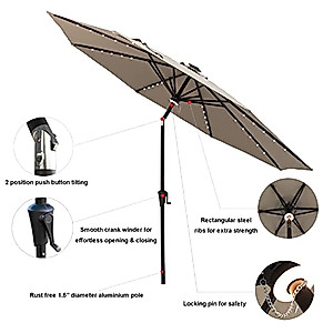 C-Hopetree 9 ft Outdoor Patio Market Table Umbrella with Solar LED Lights and Tilt, Taupe