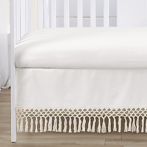 Sweet Jojo Designs Ivory Gender Neutral Bohemian Boho Baby Girl Boy Nursery Crib Bedding Set Solid Color Beige Cream Off White Chic Unisex Farmhouse Minimalist Macrame Trim Tassel Fringe Cotton - 4pc