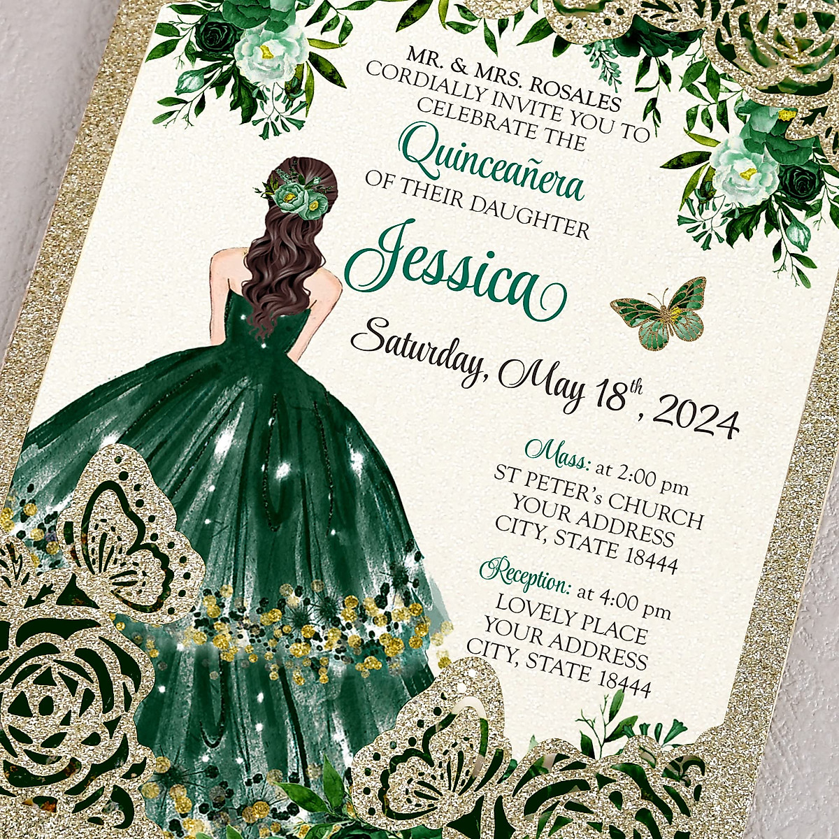 DORIS HOME 50Pcs Butterfly Quinceanera Invitation Emerald Green for 15 year, Sweet 16, Miss XV, Birthday Laser Cut Quince Invitation Cards Personalized Glitter Gold