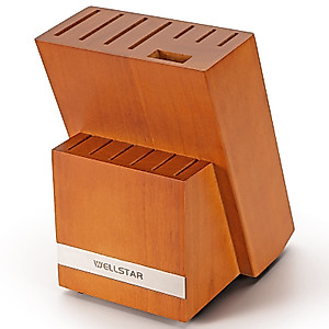 14 Slot Kitchen Knives Block, WELLSTAR Natural Wood Knife Holder without Knives – Hard Wood Countertop Knife Storage – Brown