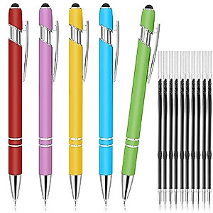 TIESOME5 Pieces Ballpoint Pen with Stylus Tip, Retractable 2 in 1 Stylus Pens Stylish Pen with 10 Refills, Metal Stylus Pen for Touch Screens, 1.0 mm Black Ink Ball Point Pens (Multicolor)