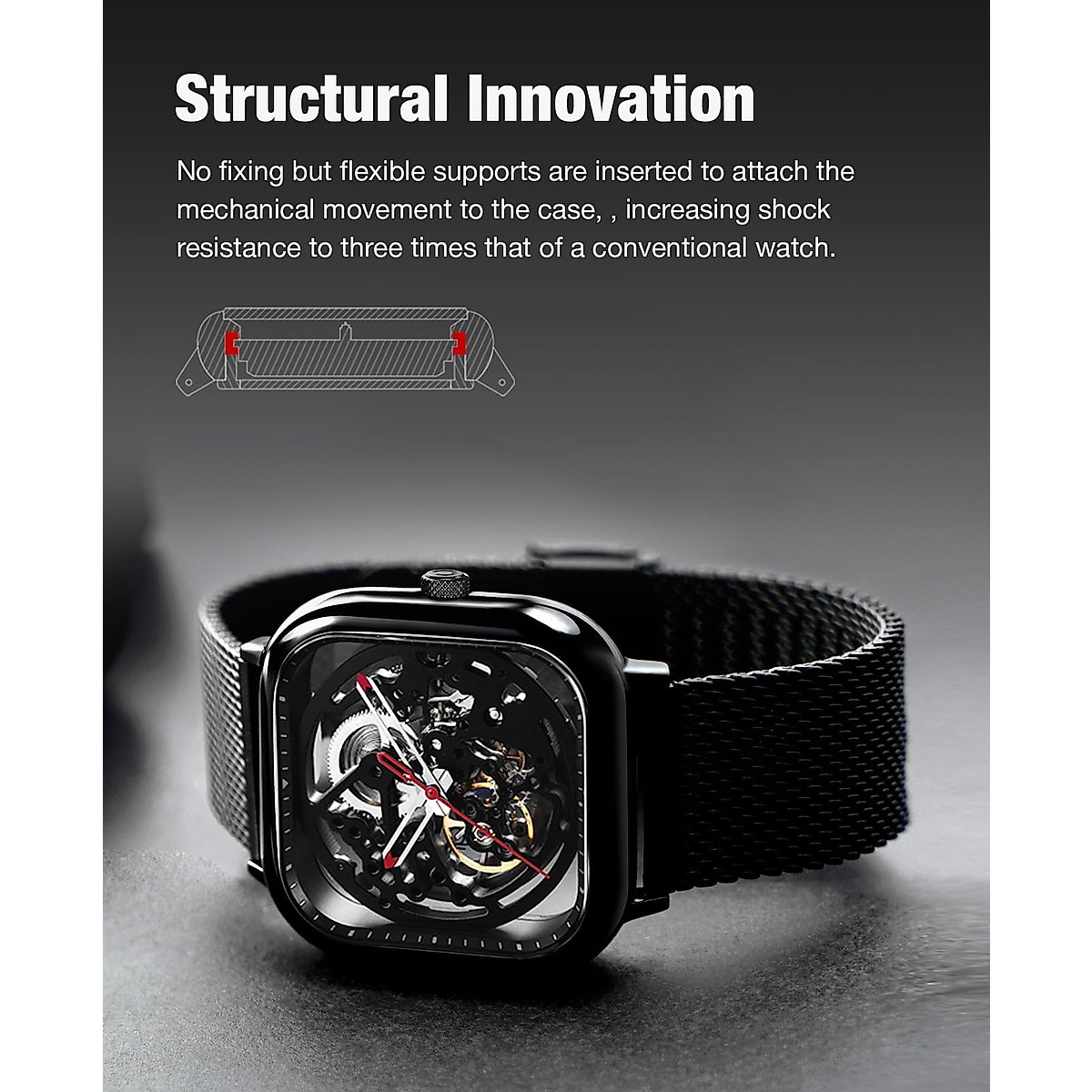 CIGA Design Men's Automatic Watch, C Series Full Hollow Skeleton Mechanical Analog Wristwatch with Milanese and Leather Strap Sapphire Crystal Mirror (Black)