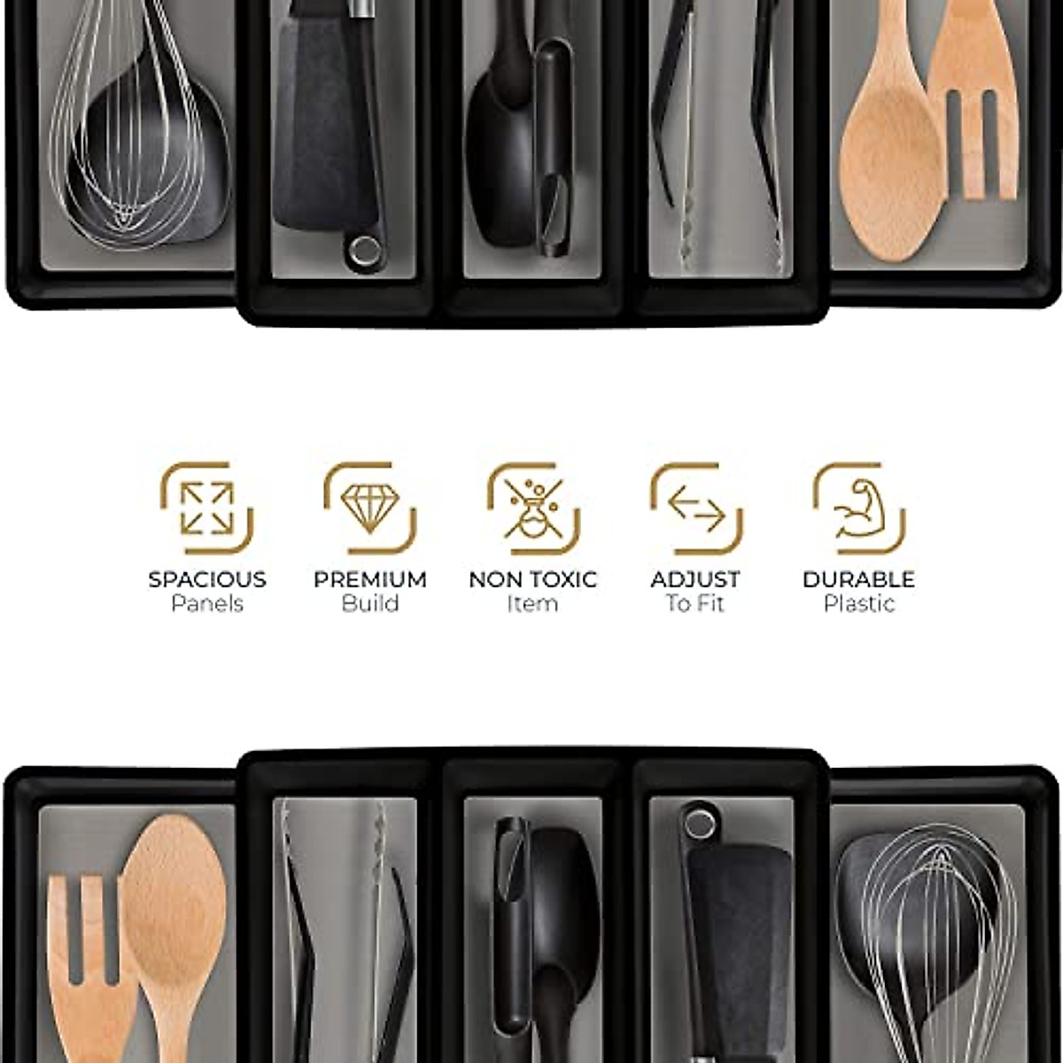 ELTOW Expandable Utensil Drawer Organizer, 5 Compartment Non-Slip & Adjustable Utensil Tray for Kitchen Drawers, Kitchen Organization for Utensils, Office Supplies, Flatware Storage - Black