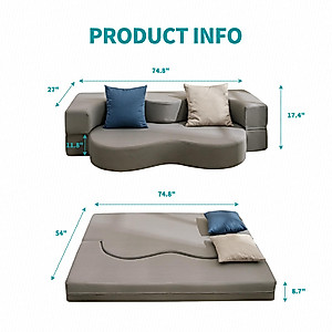 Mjkone Folding Sofa Bed, Fold Out Futon Sofá Bed, Foldable Floor Couch Bed with Memory Foam, Convertible Full Sleeper Couch Bed, Stylish Lazy Sofa Bed for Living Room, Guest Room-Light Gray