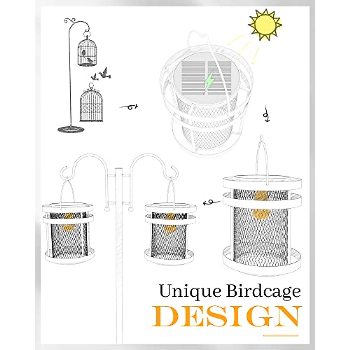 Solar Outdoor Floor Lamp with 2 Hanging Lanterns JACKYLED Solar Landscape Floor Lamp with Shepherd Hook Pole 61'' Tall, IP65 Waterproof Metal Solar Outdoor Lights for Garden Patio Porch Deck Yard Path