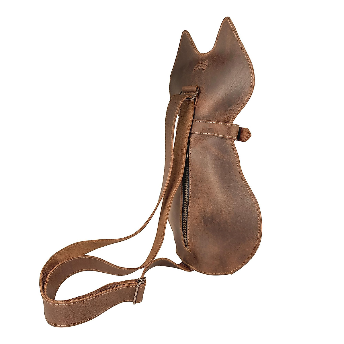 Hide & Play, Kitty Shape Backpack Handmade from Full Grain Leather - Pet Lover Accessory, Great for Travel & Everyday Use - Bourbon Brown