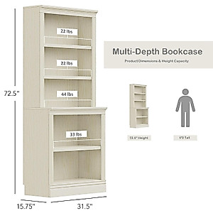 JAHRSTIM Multi-Depth Bookshelves and Bookcase Floor Standing 5 Tier Display Shelves Organizer and Storage, 72in Tall Bookshelf for Home Office, Living Room, Bed Room, Kitchen, Cream