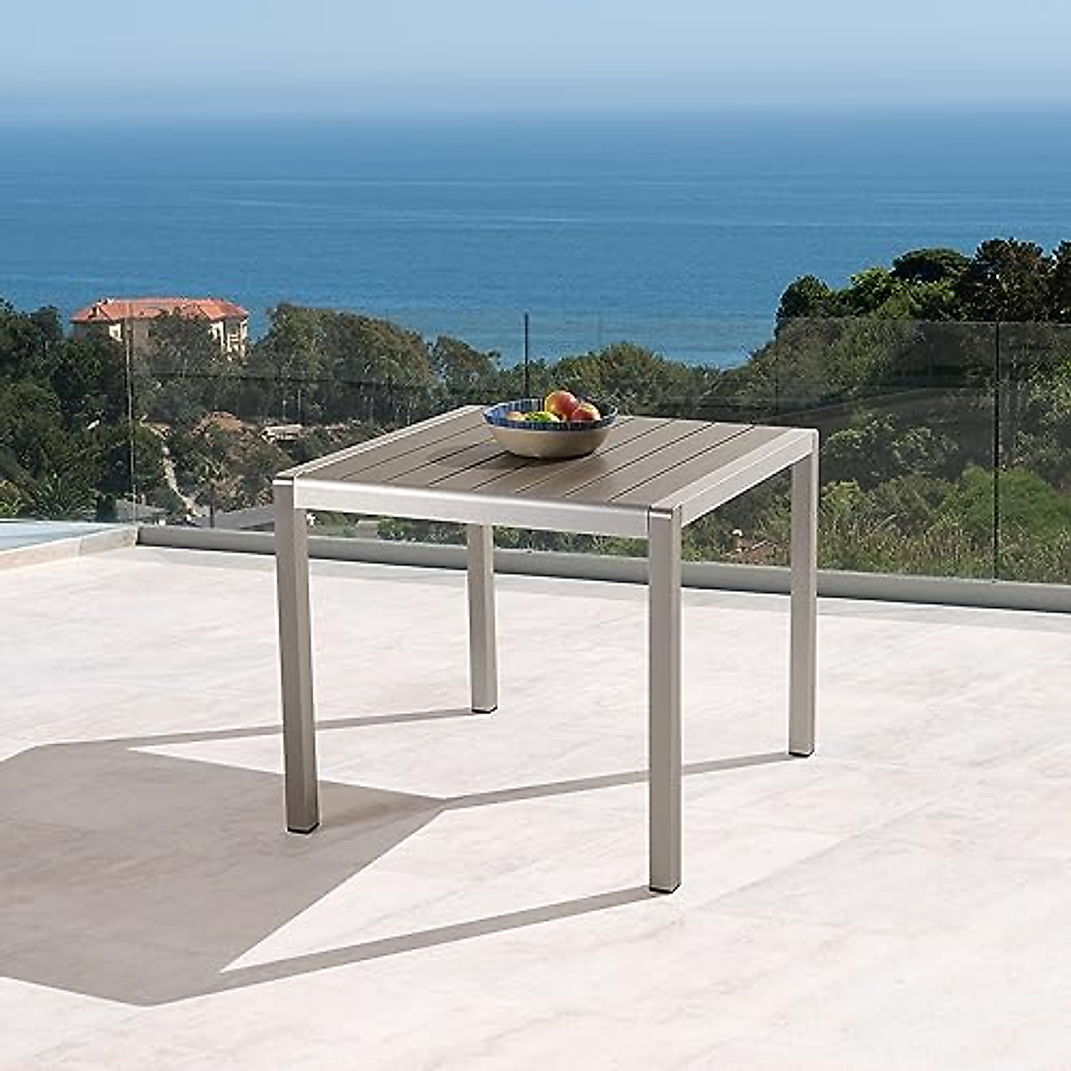 Christopher Knight Home Louie Coral Outdoor Dining Anodized Aluminum-Faux Wood Table Top-Square Gray-35, Silver + Gray