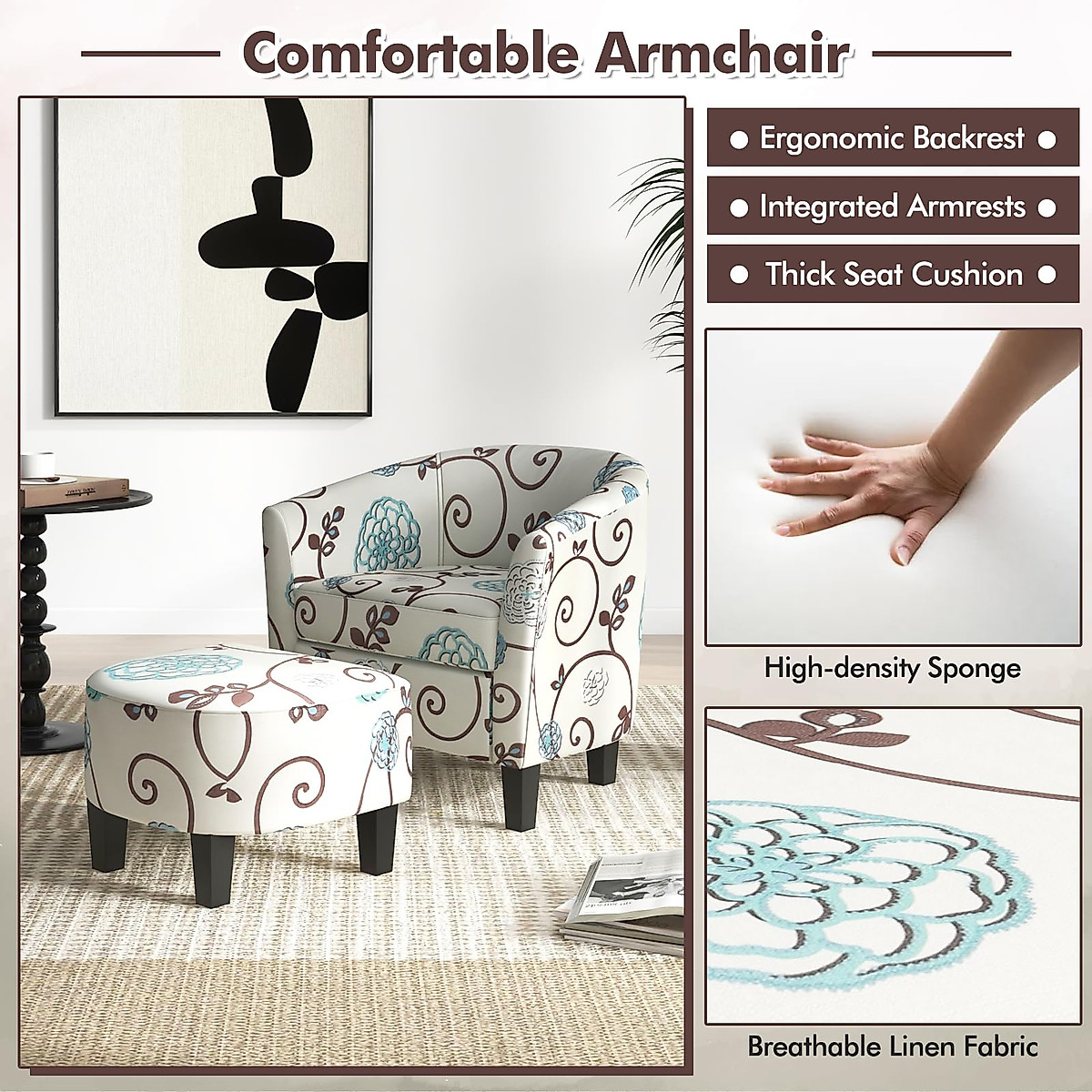 Giantex Small Accent Chair with Ottoman Set, Upholstered Barrel Chair with Footrest, Modern Accent Armchair with Ottoman, Round Club Chair for Living Room, Small Space, Bedroom (Blue Flower)